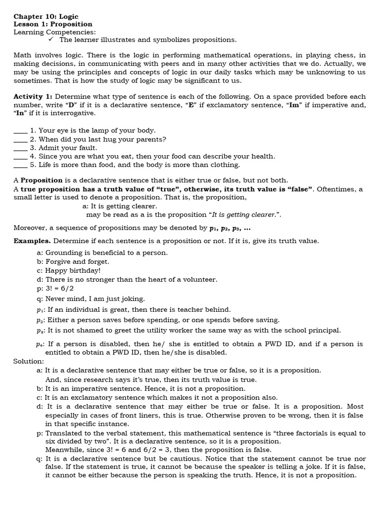 Chapter 10 Logic Lesson1 3 | PDF | Proposition | Logic