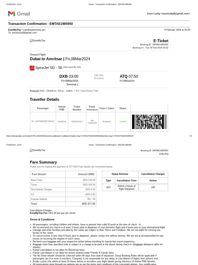 Gmail - Transaction Confirmation - EMTAE1985950 | PDF | Airlines | Airport
