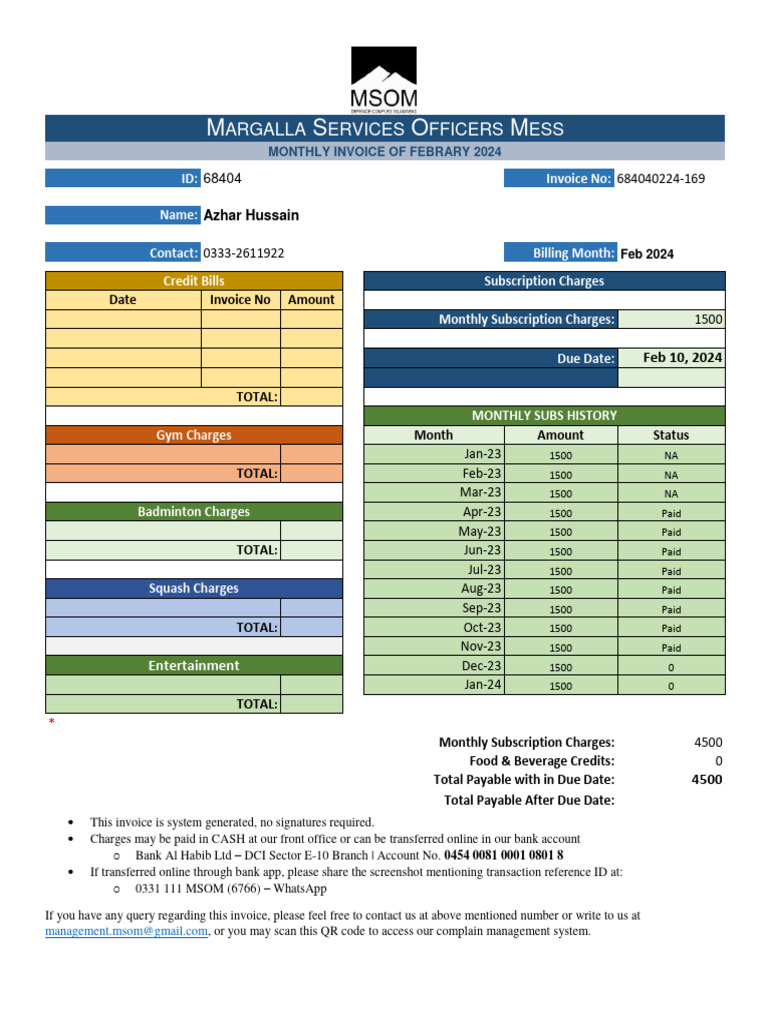 Margalla Services Officers Mess Invoice | PDF | Invoice | Accounts Payable