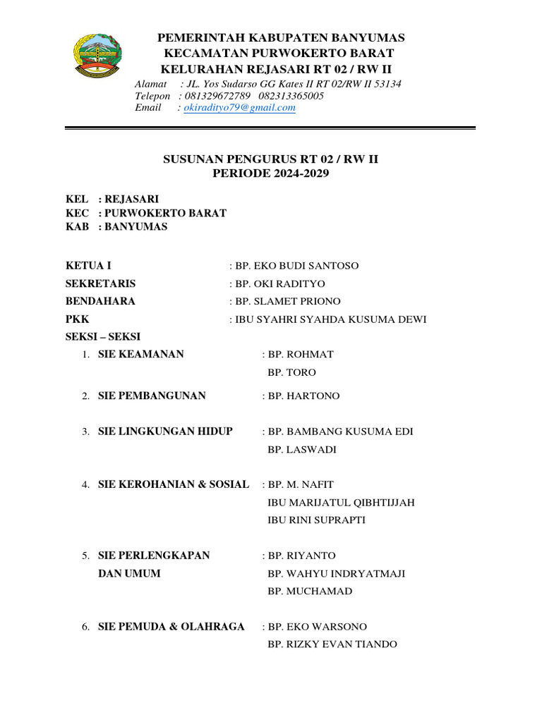 Susunan Pengurus RT 02 PDF | PDF