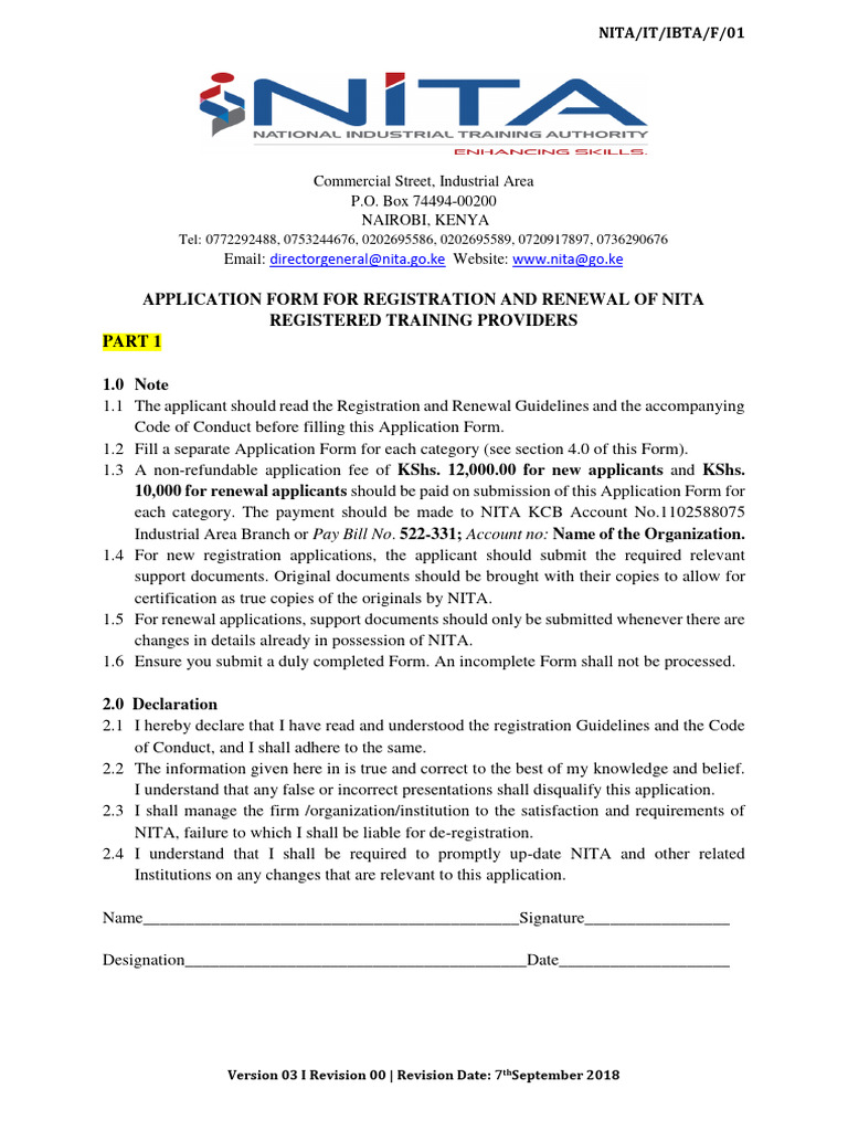 f01 Application Form For Registration and Renewal of Nita Registered ...