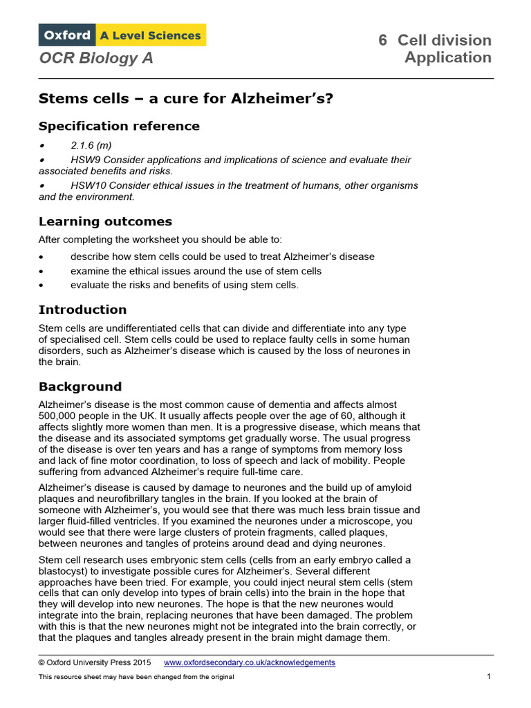 5. Stem Cell Report Worksheet | PDF | Alzheimer's Disease | Stem Cell