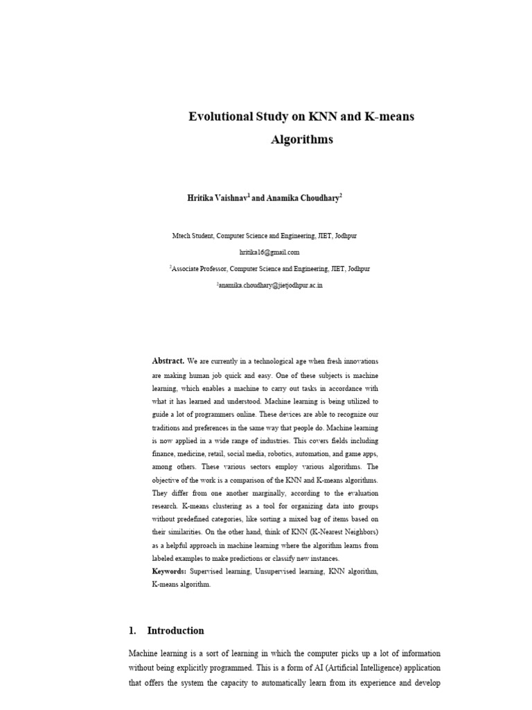 Evolutional Study On KNN and K-Means Algorithms (SP) | PDF | Machine Learning | Cluster Analysis