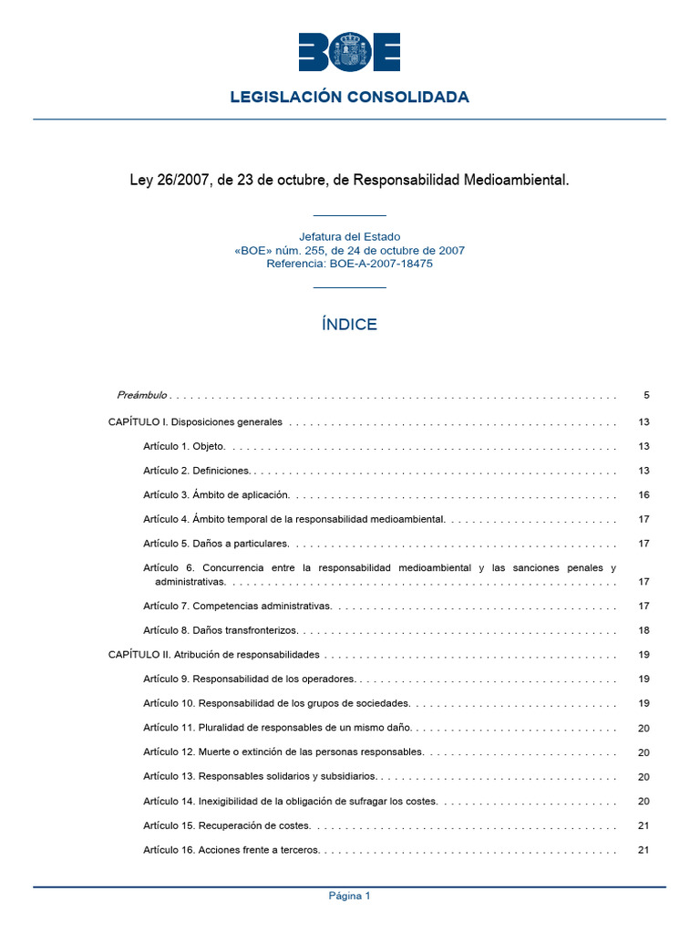 Ley 26-2007, de 23 de Octubre, de Responsabilidad Medioambiental ...