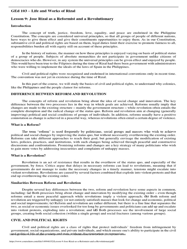 Lesson 9 Jose Rizal As A Reformist and A Revolutionary PDF | PDF ...