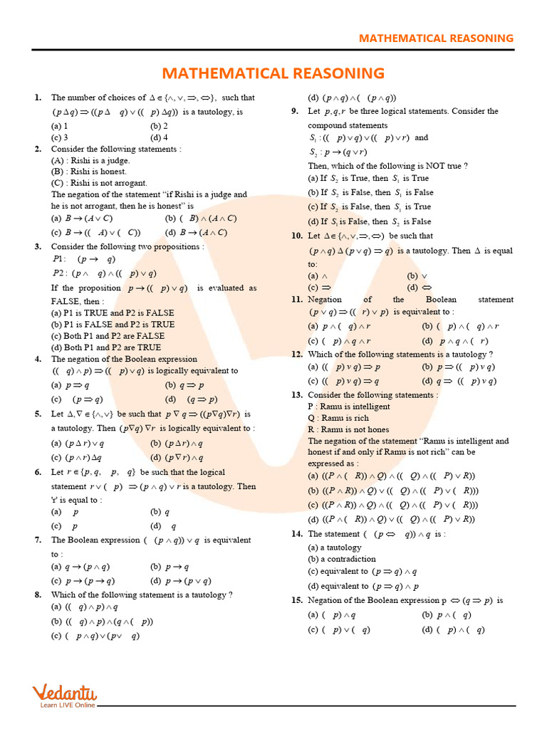 JEE Main Mathematical Reasoning Practice Paper With Solutions Download PDF | PDF | Boolean ...