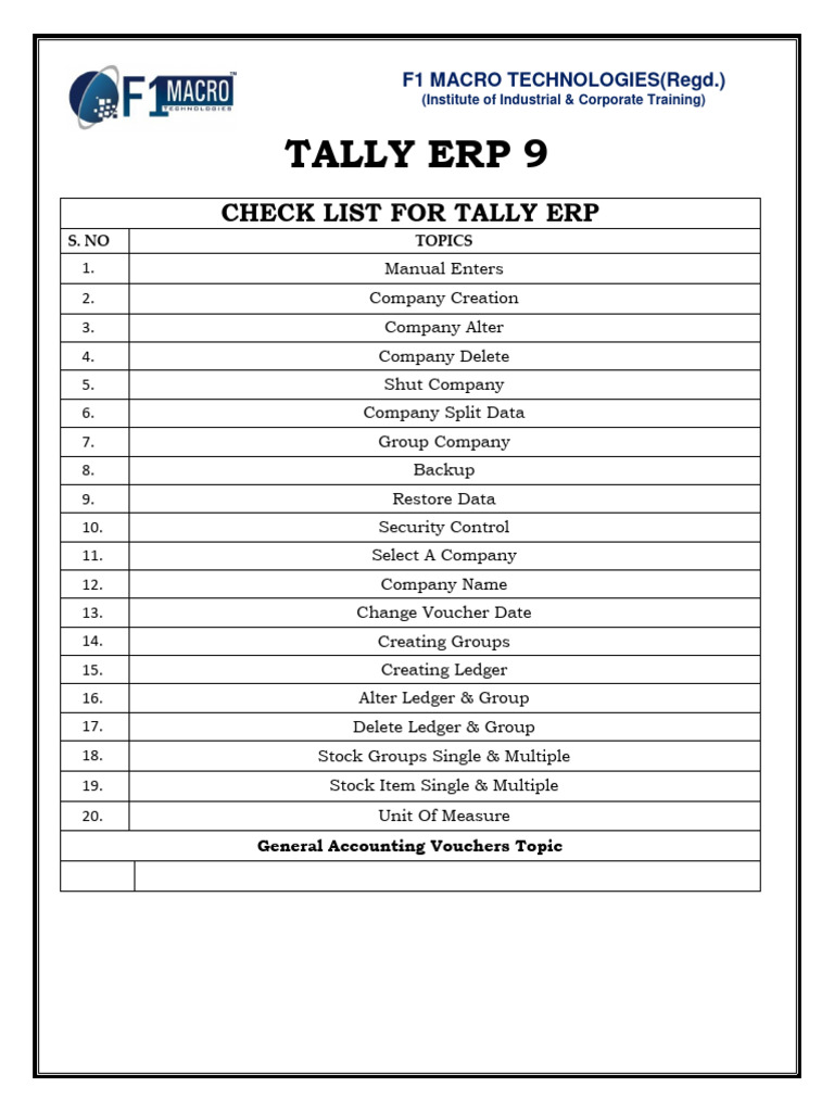 Tally ERP 9 Checklist and Topics | PDF