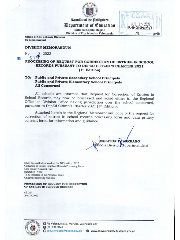 Processing of Request For Correction of Entries in School Records ...