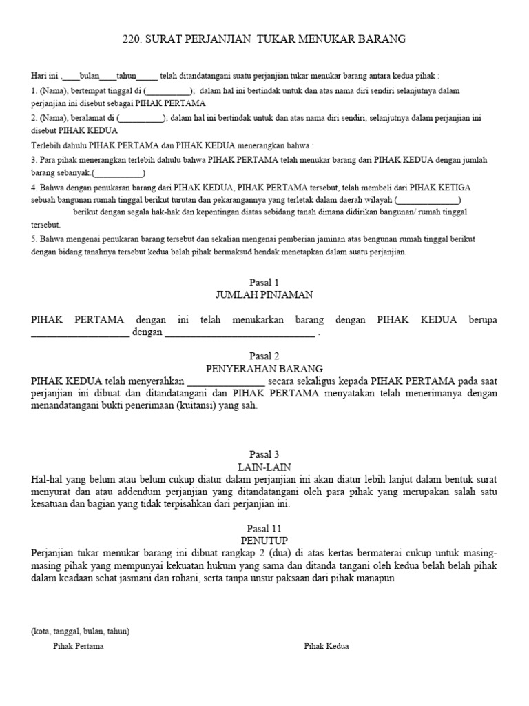 Surat Perjanjian Tukar Menukar Barang | PDF