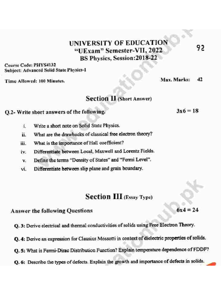 Education University Past Papers Bs Physics | PDF