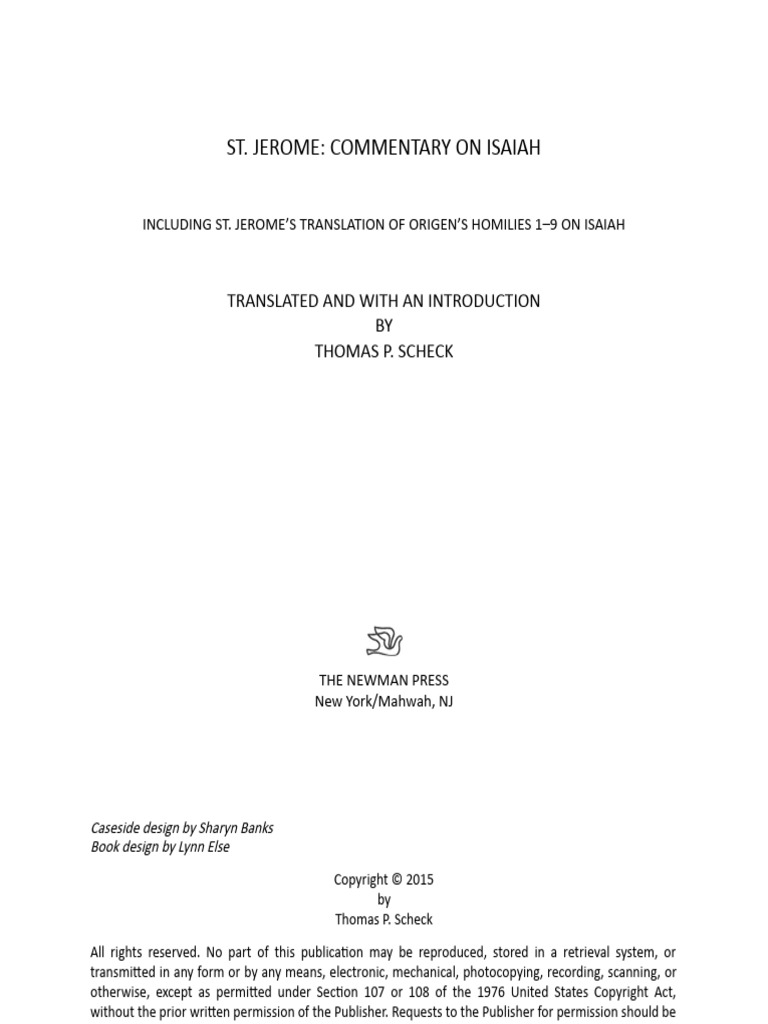 Commentary On Isaiah Including St. Jeromes Translation of Origens ...
