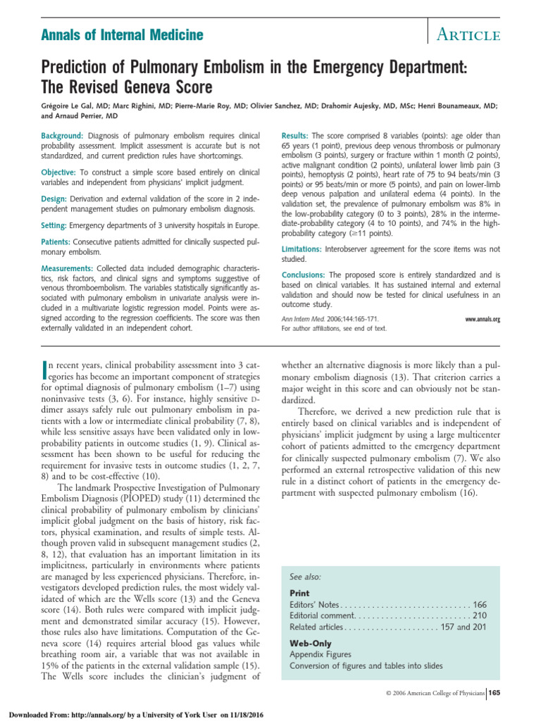 Revised Geneva Score for PE Diagnosis | PDF | Vein | Blood Pressure