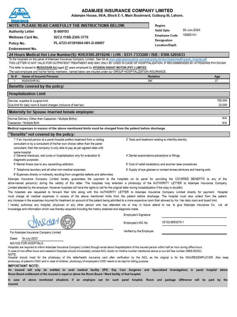 Adamjee Insurance Hospitalization Letter | PDF | Hospital | Patient