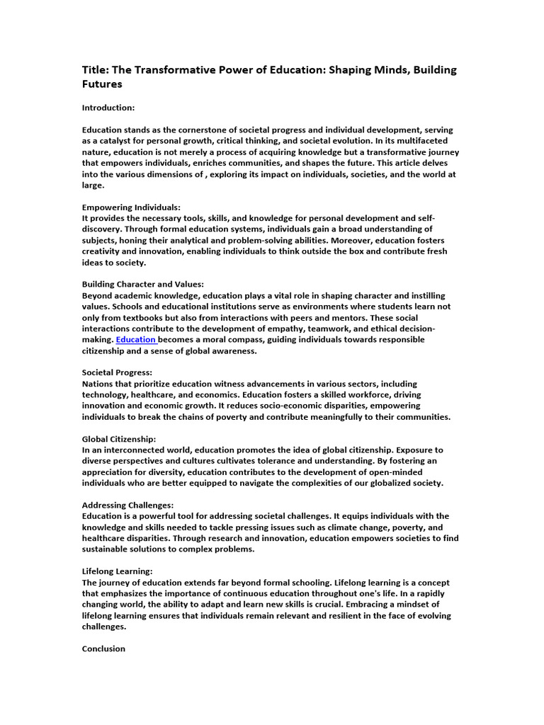 Title: The Transformative Power of Education: Shaping Minds, Building ...
