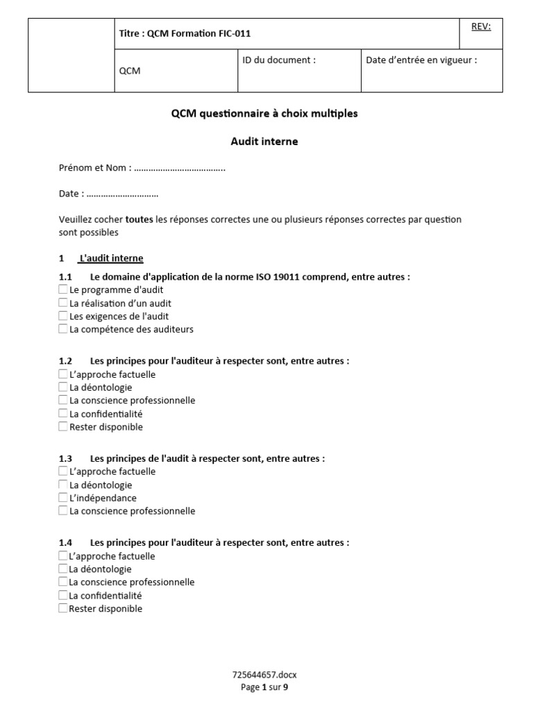 QCM Audit Interne et Compétences | PDF | Audit | Système de management ...