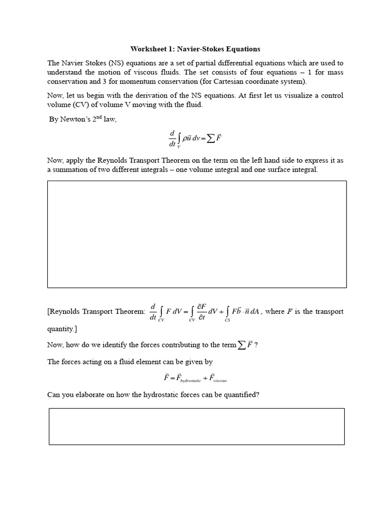 Worksheet 1 Navier Stokes | PDF | Navier–Stokes Equations | Stress ...