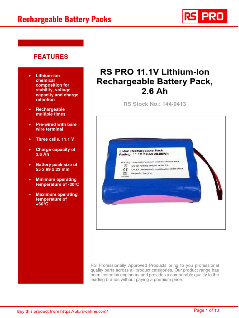 RS Pro 11.1V Datasheet | PDF | Rechargeable Battery | Lithium Ion Battery