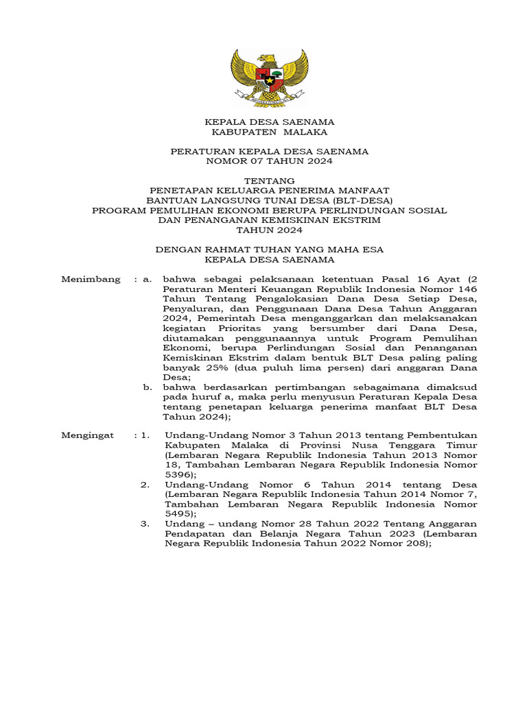 Contoh Perkades BLT 2024 | PDF