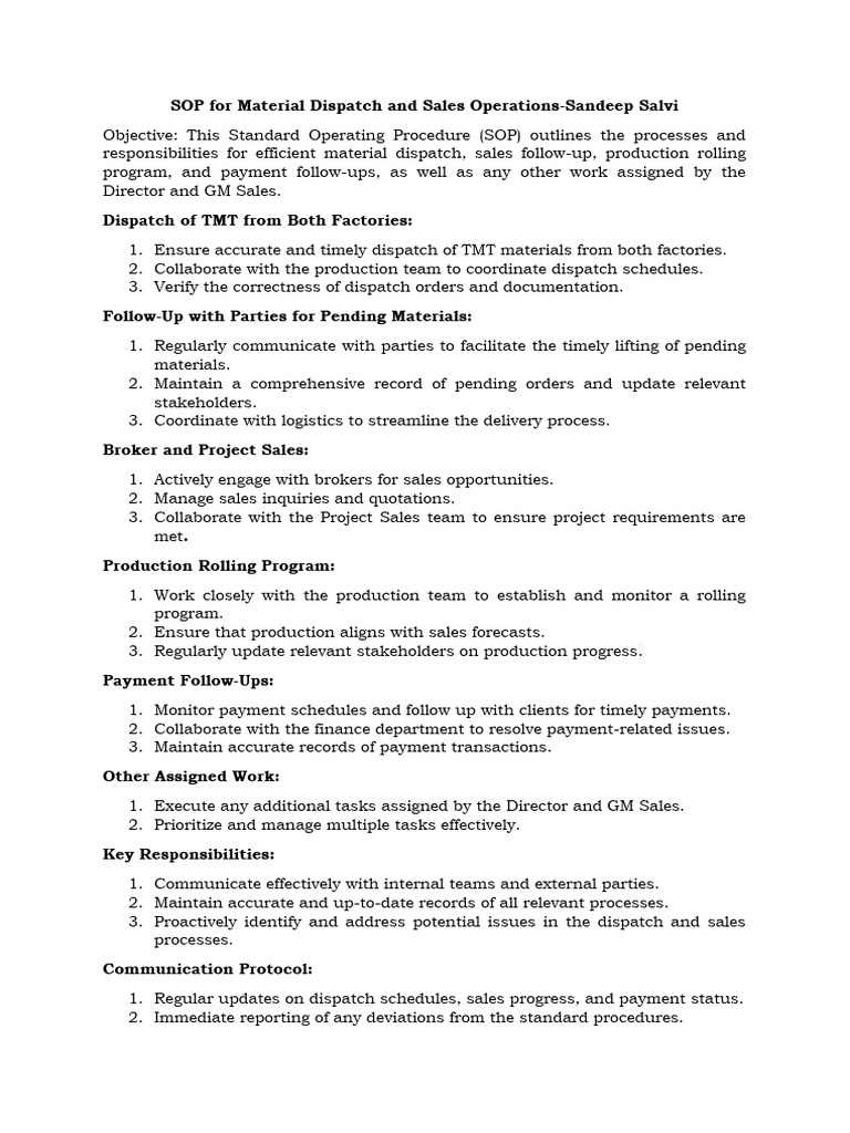 SOP For Material Dispatch and Sales Operations - Sandeep Salvi | PDF | Sales | Business Economics