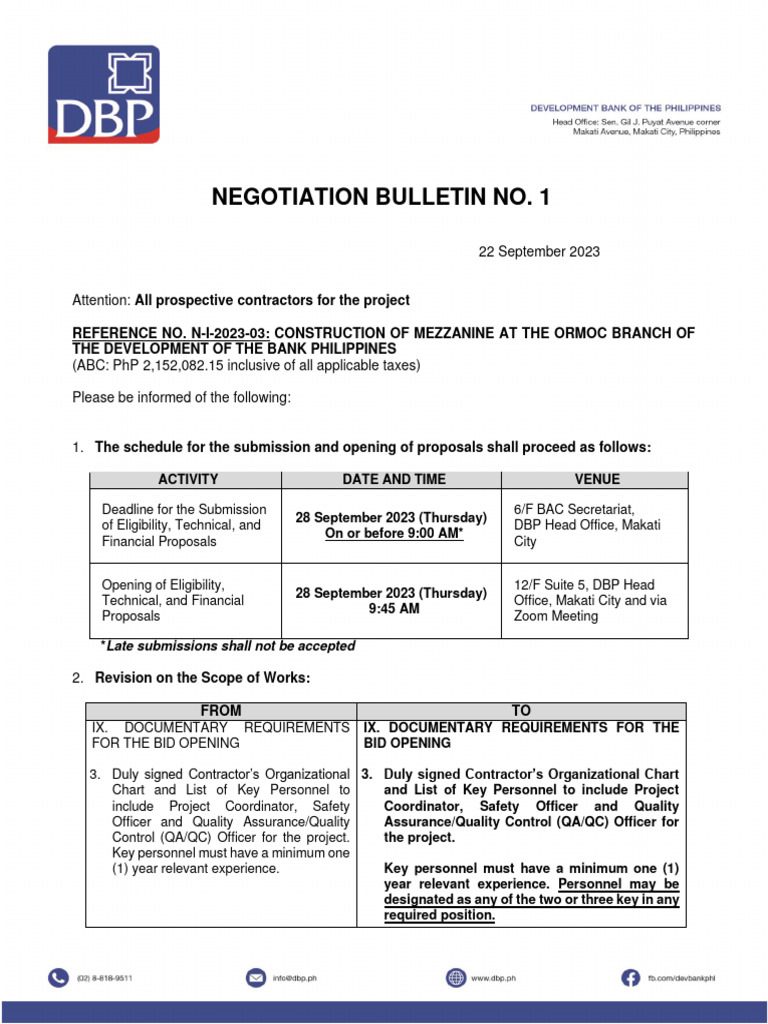 DBP Ormoc - Negotiation Bulletin No. 1 | PDF | Quality Assurance | Business