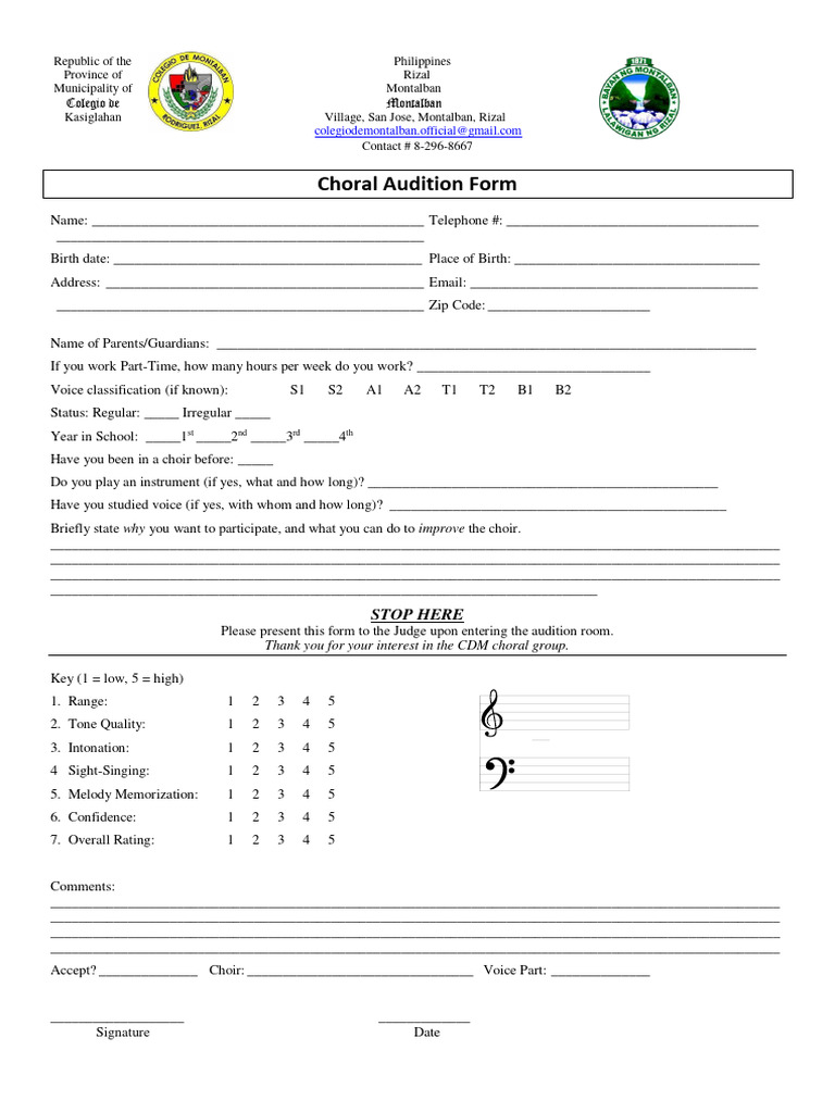 Choral and Dance Audition Form 2 | PDF | Audition | Entertainment