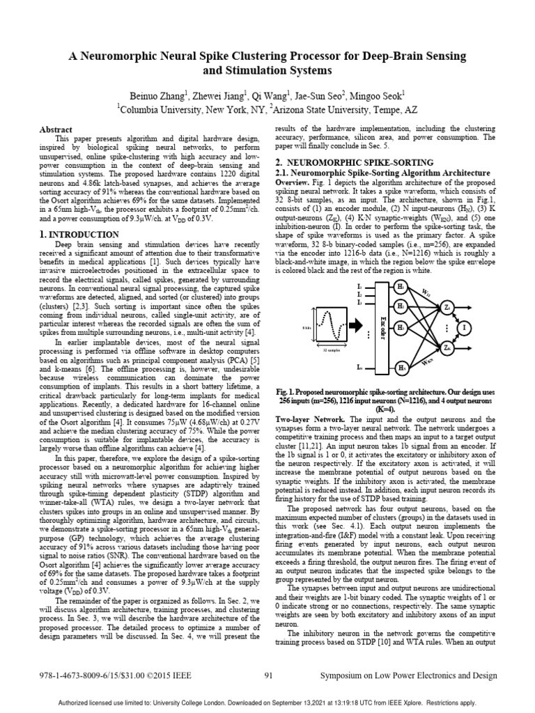 A Neuromorphic Neural Spike Clustering Processor For Deep-Brain Sensing and Stimulation Systems ...