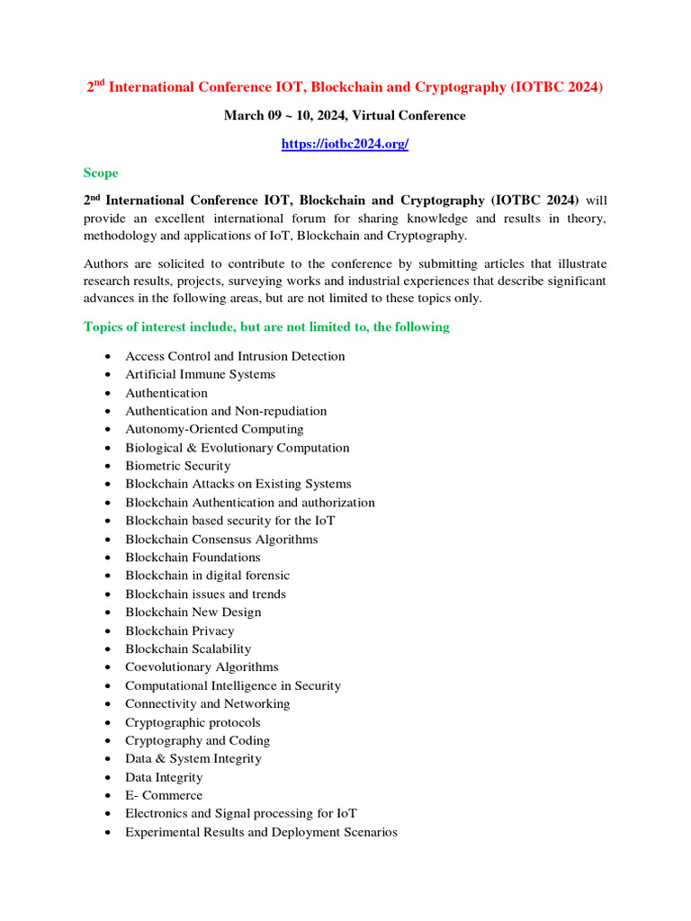 2nd International Conference IOT, Blockchain and Cryptography (IOTBC 2024) | PDF | Cryptography ...