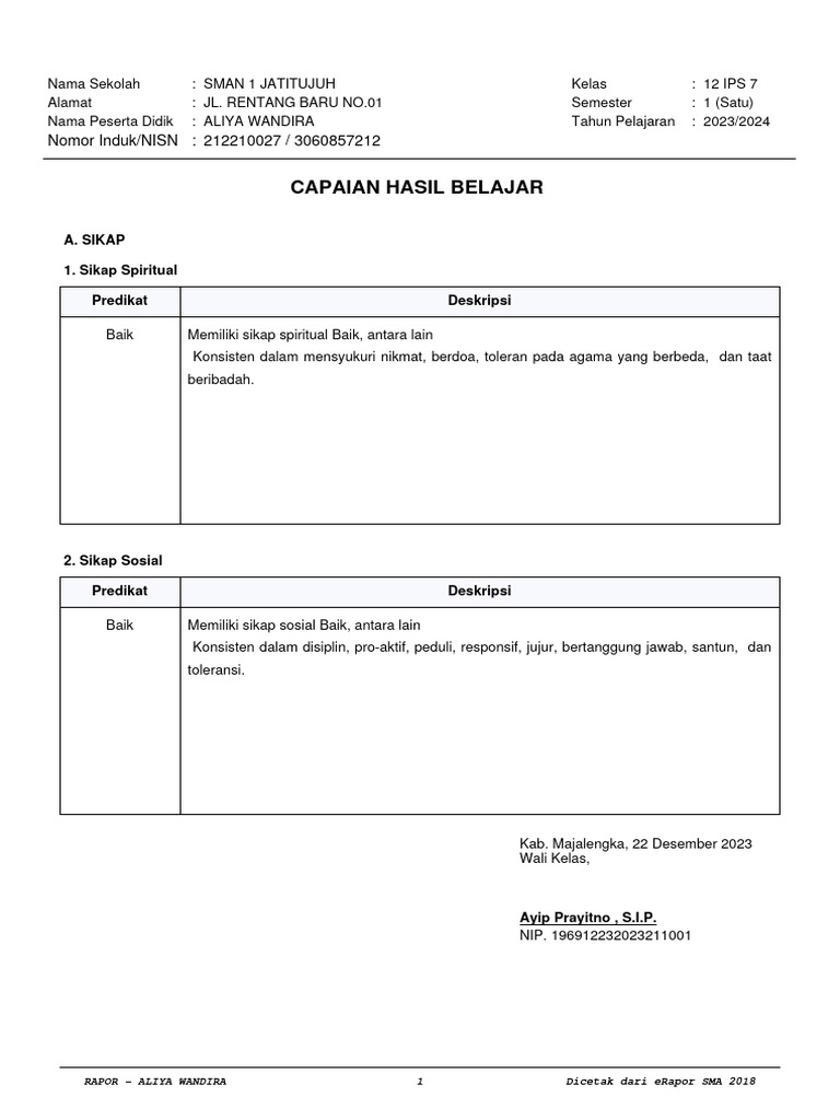 Rapor - ALIYA WANDIRA - 20231 | PDF