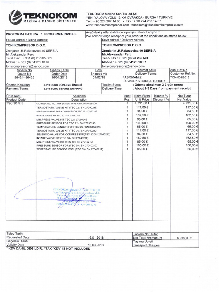 Kosuila" Terms: Proforma Fatura Proformainvo:Ce Tonikompresor D 0 0 Tonikompresor D O O | PDF ...