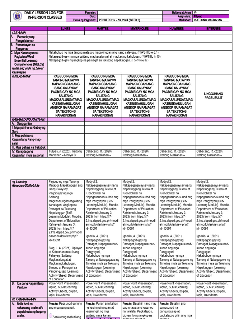 G5 Q3W3 DLL FILIPINO (MELCs) | PDF