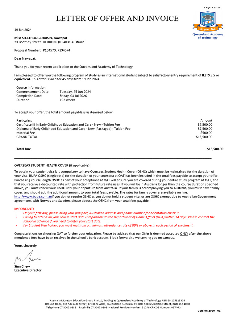Revised Letter of Offer and Written Agreement - SITATHONGCHAISIN ...
