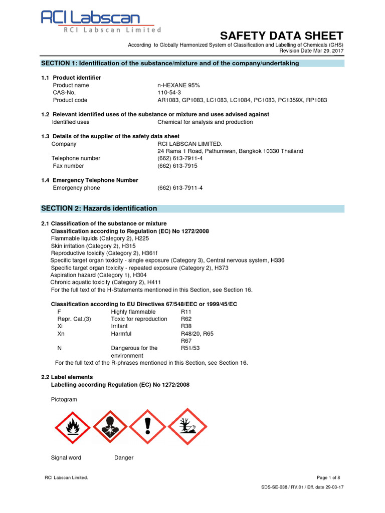 SDS - N Hexane 95% | PDF | Dangerous Goods | Firefighting