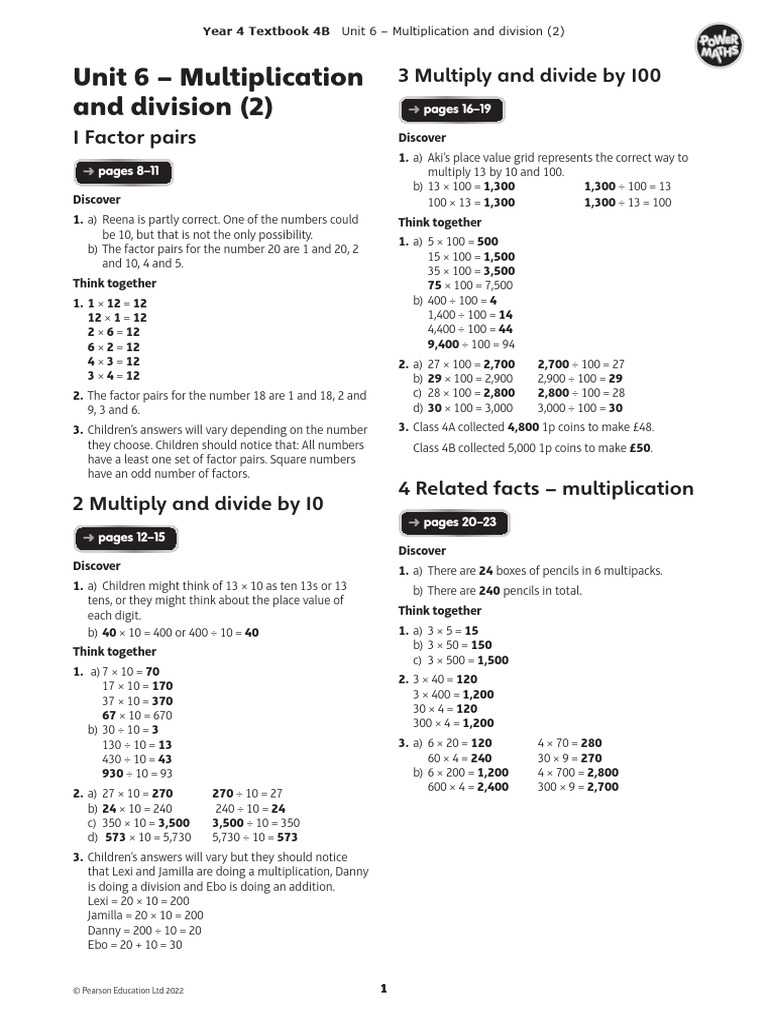 Year 4 Pupil Book Answers Unit 6 | PDF | Multiplication | Applied ...