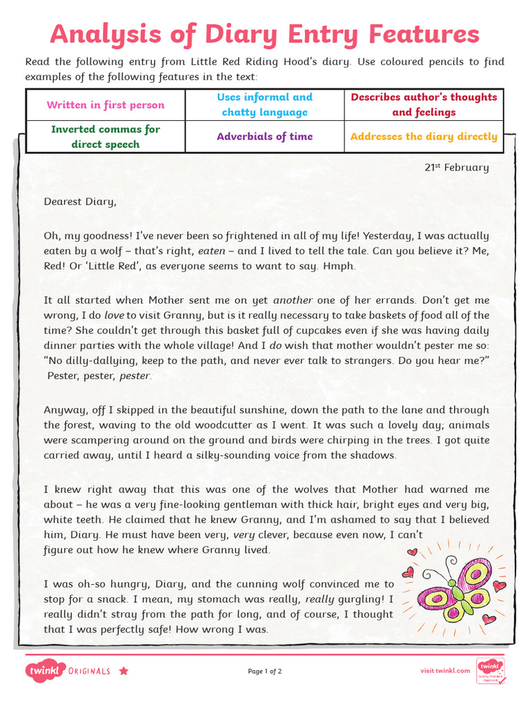 Diary Entry Features Analysis KS2 | PDF