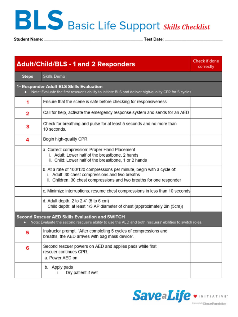 BLS Skills Checklist 2022 | PDF | Cardiopulmonary Resuscitation ...