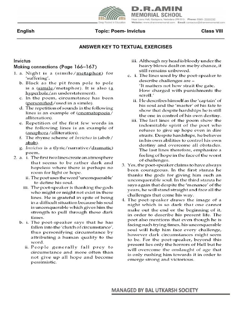 Invictus Poem Answer Key for Class 8 | PDF