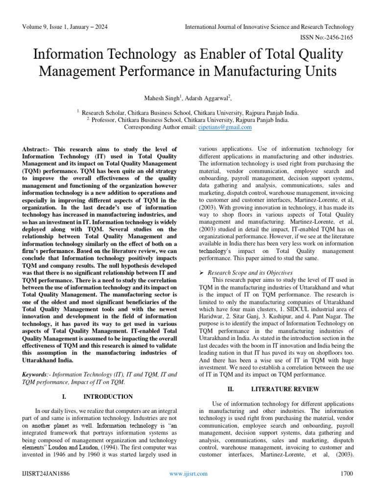 Information Technology As Enabler of Total Quality Management ...