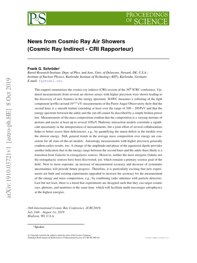 News From Cosmic Ray Air Showers (Cosmic Ray Indirect - CRI Rapporteur) | Download Free PDF ...