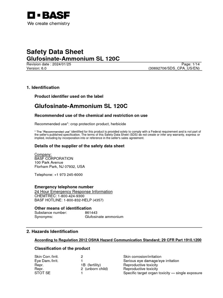Glufosinate-Ammonium SL 120C SDS | PDF | Toxicity | Occupational Safety ...