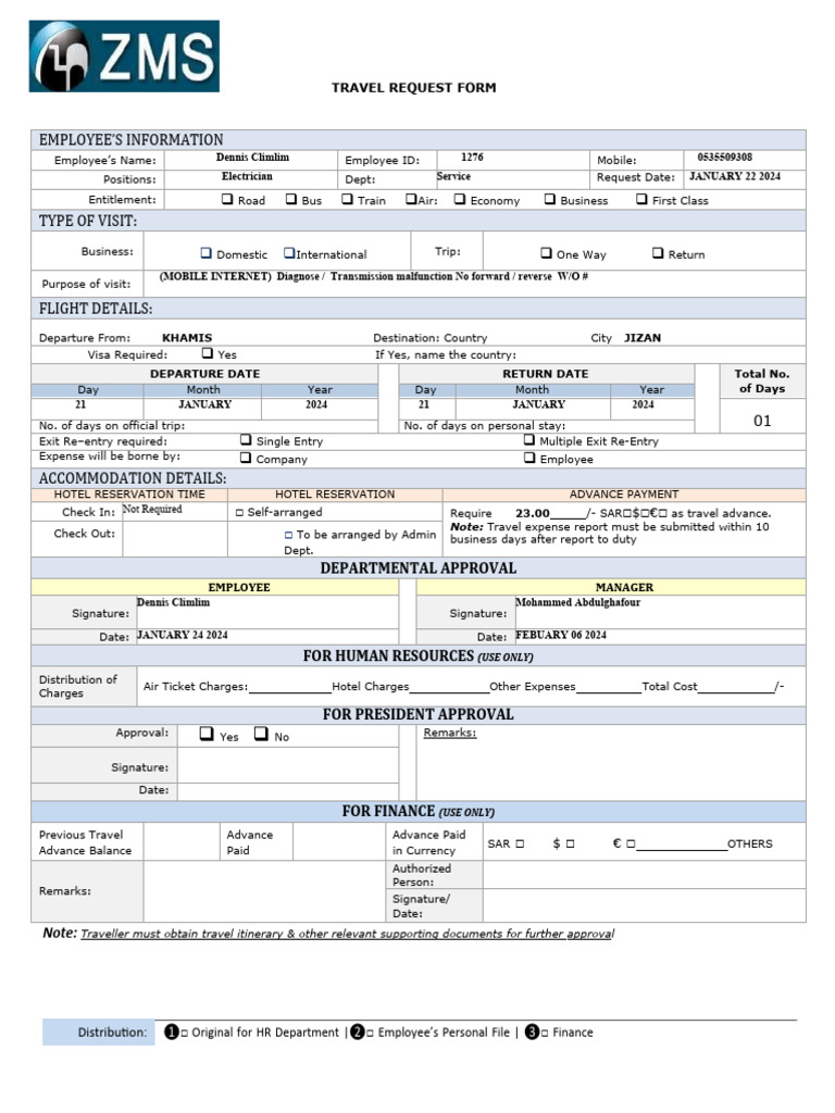 Business Travel Request Form for Dennis | PDF