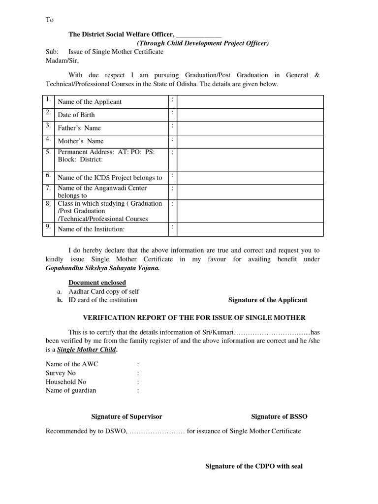 Single Mother Certificate Application Form | PDF