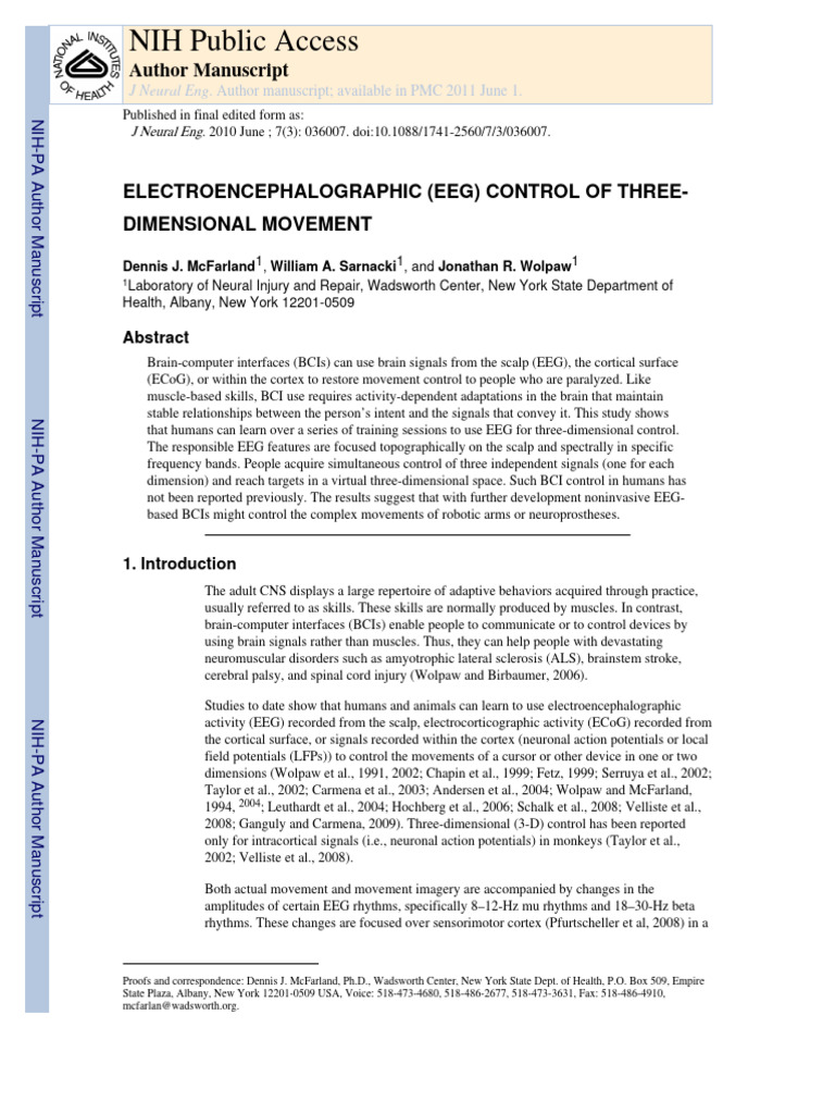 Electroencephalographic (Eeg) Control of Threedimensional Movement | PDF ...