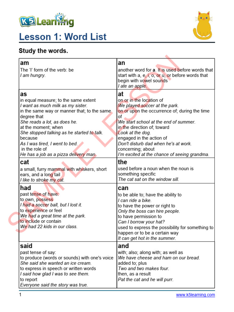 Grade 1 Vocabulary Sample Lesson | PDF | Crossword | Grammar