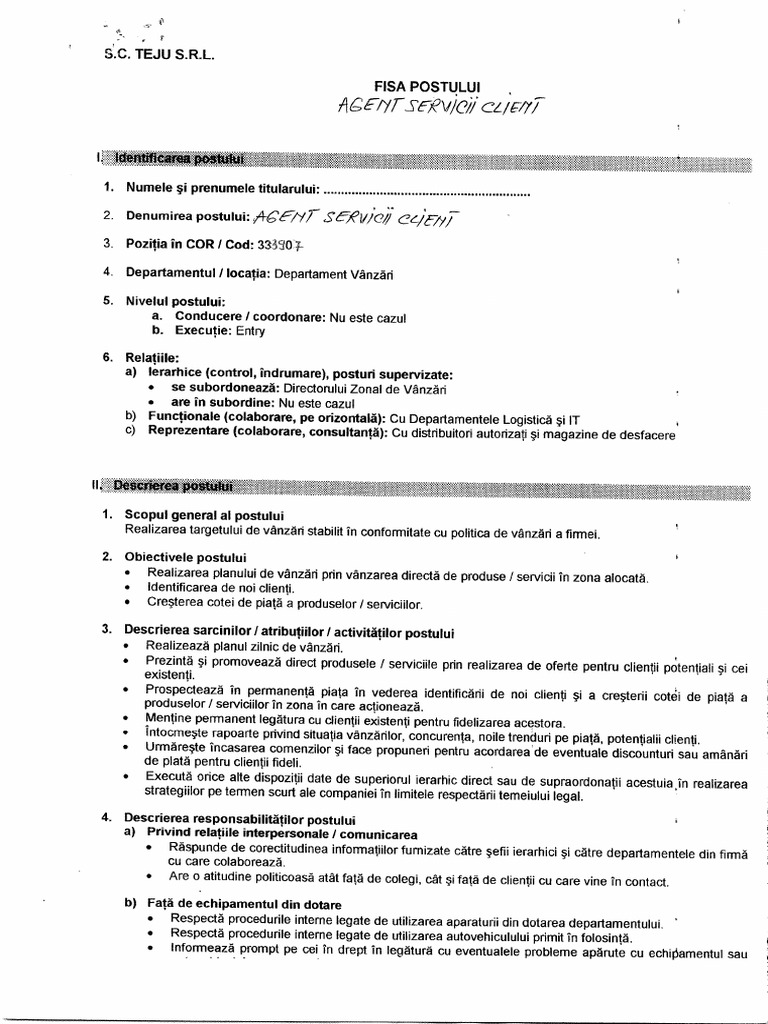 Fisa Post Agent Servicii Clienti | PDF