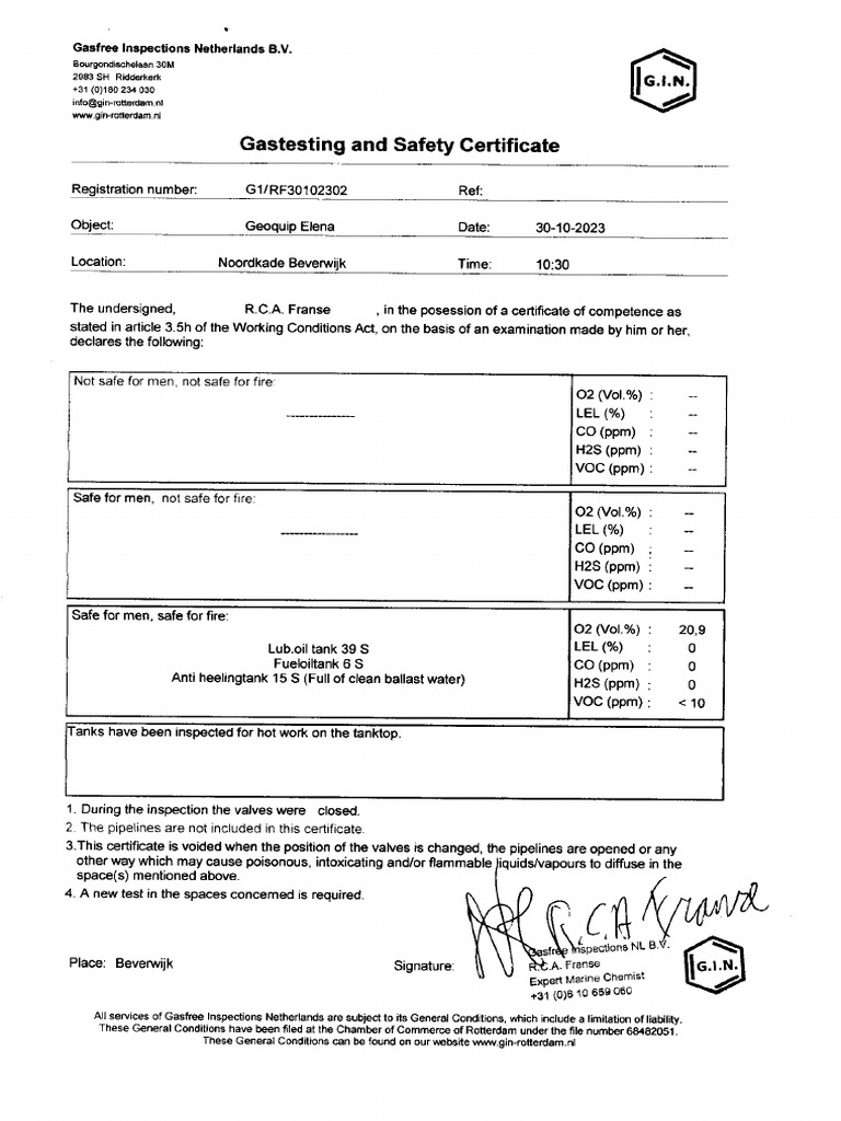 Gas Testing Safety Certificate 30-10-2023 | PDF