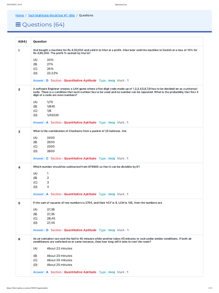 Tech Mahindra Mock Test Questions | PDF | Data Type | Queue (Abstract ...