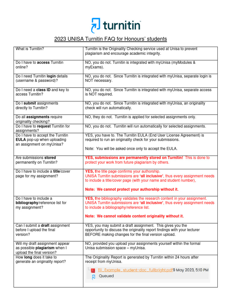 UNISA Turnitin FAQ for Honours Students | PDF | Turnitin | Plagiarism
