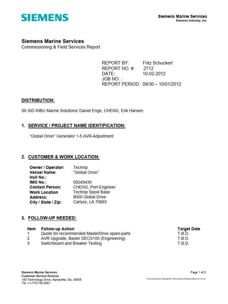 Siemens Service Report AVR Adjustment September 2012 Report-2712 PDF ...