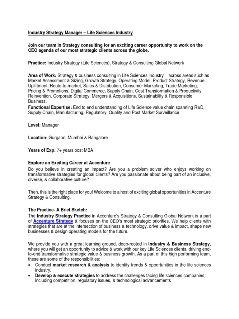 Life Sciences Strategy Manager Role | PDF | Strategic Management ...