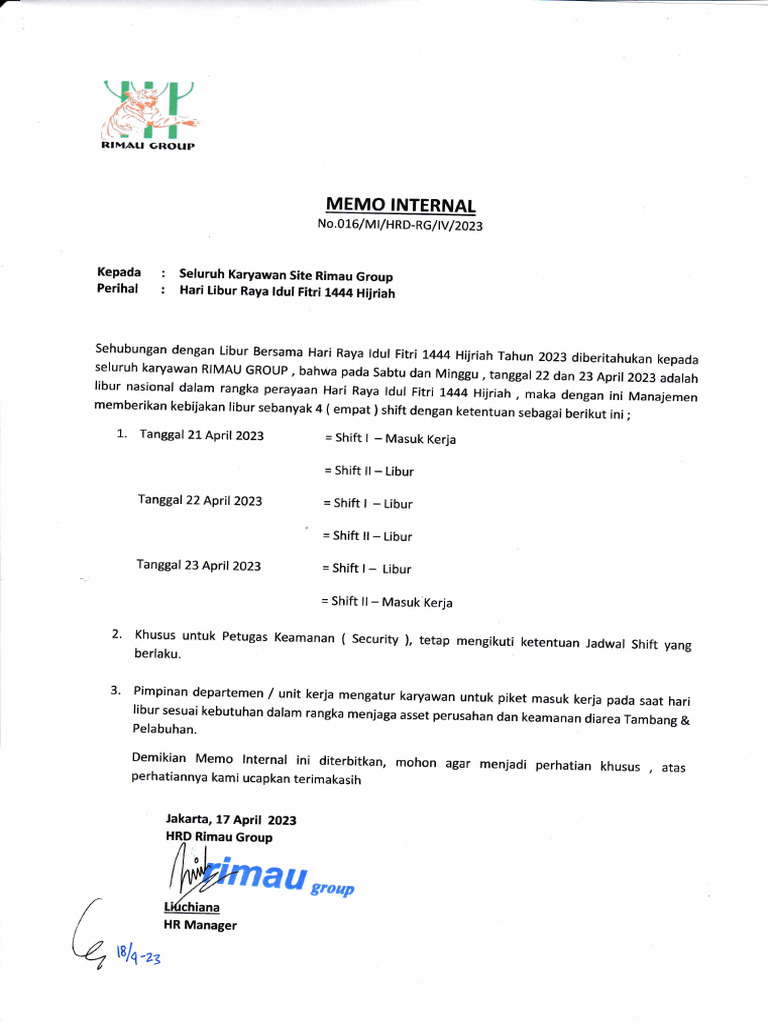 Memo Hari Libur Raya Idul Fitri | PDF